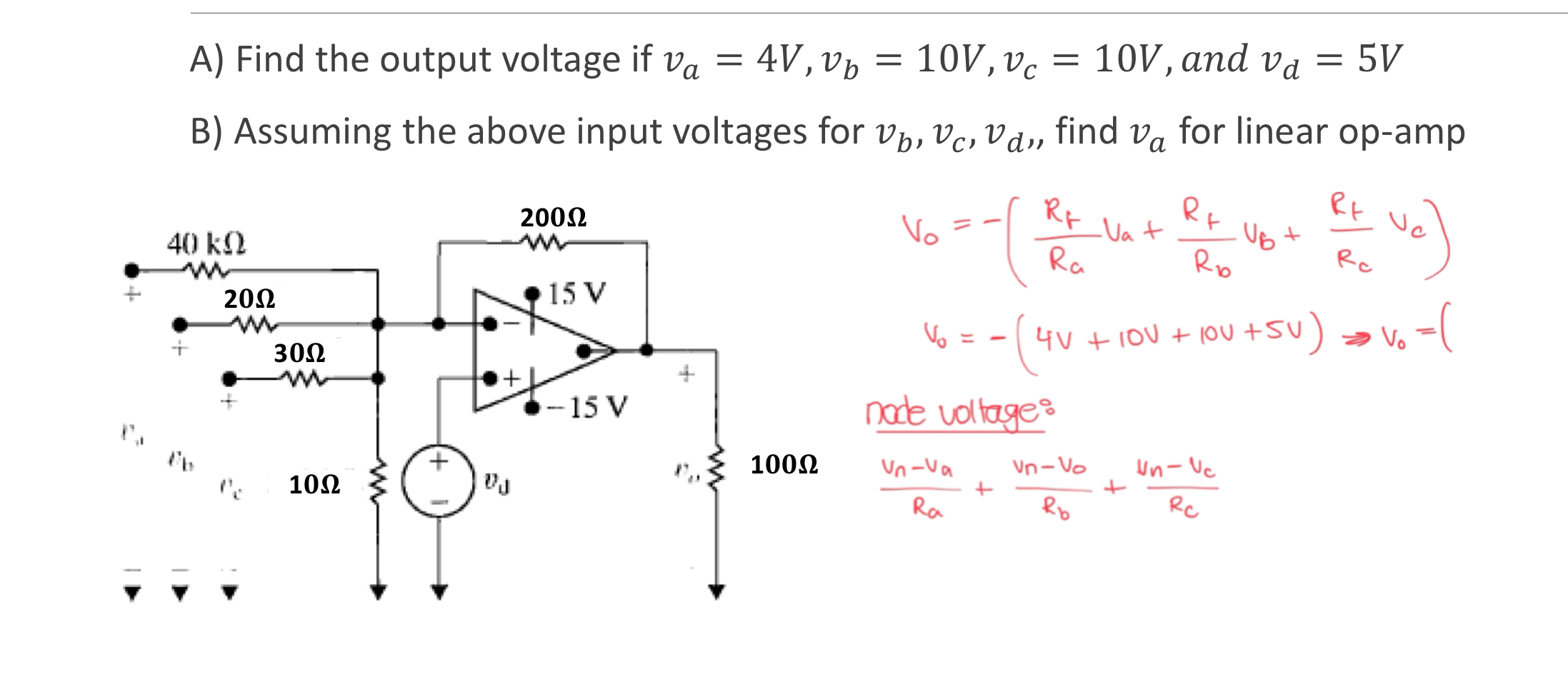 Solved A) ﻿Find the output voltage if va=4V,vb=10V,vc=10V, | Chegg.com