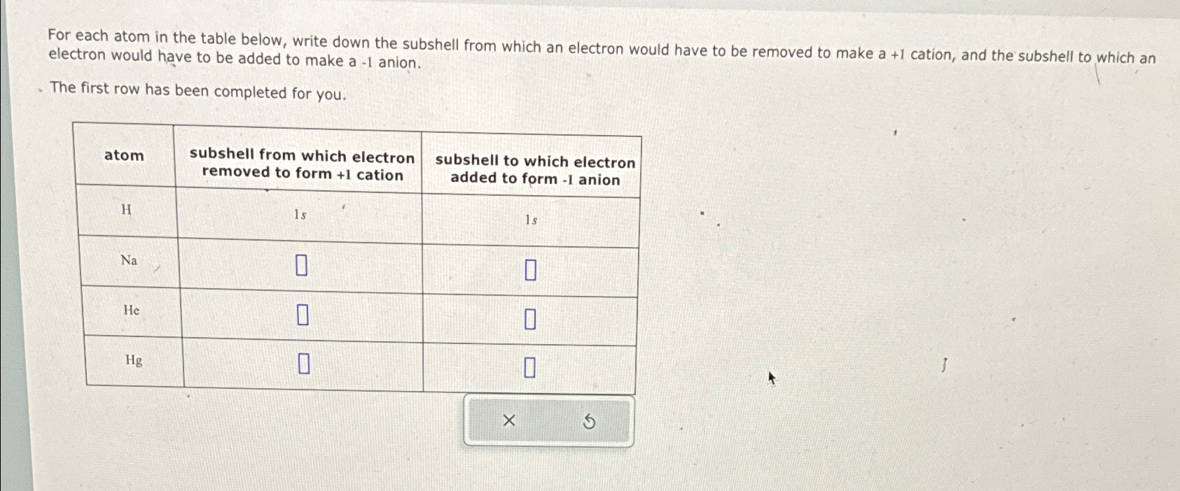 Solved For each atom in the table below, write down the | Chegg.com
