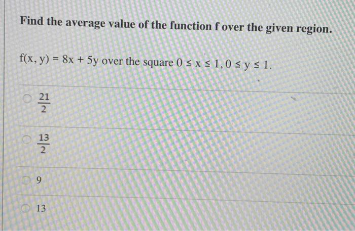 Solved Find the average value of the function f over the | Chegg.com