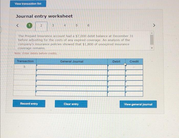 Solved Journal entry worksheet The Prepaid Insurance account | Chegg.com