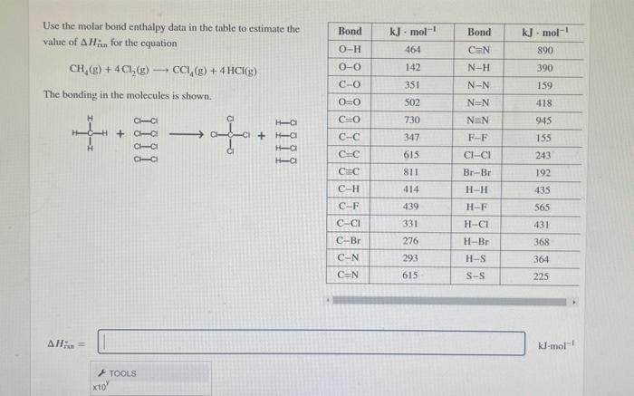 Solved Use the molar bond enthalpy data in the table to | Chegg.com