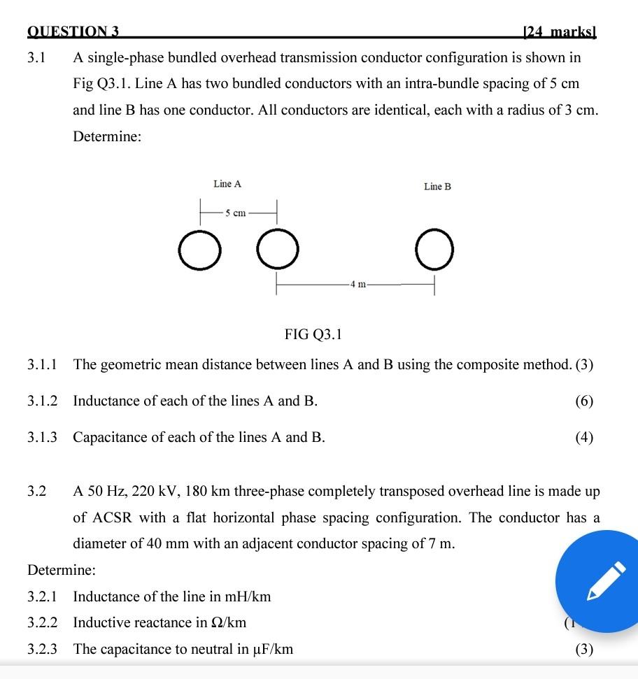 Solved 3.1 A single-phase bundled overhead transmission | Chegg.com