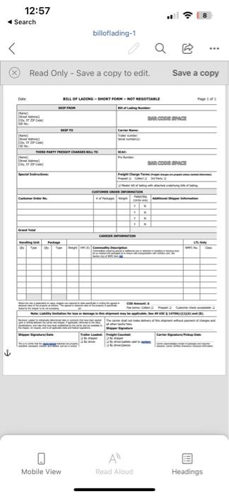 Date BILL OF LADING - SHORT FORM - NOT NEGOTIABLE | Chegg.com