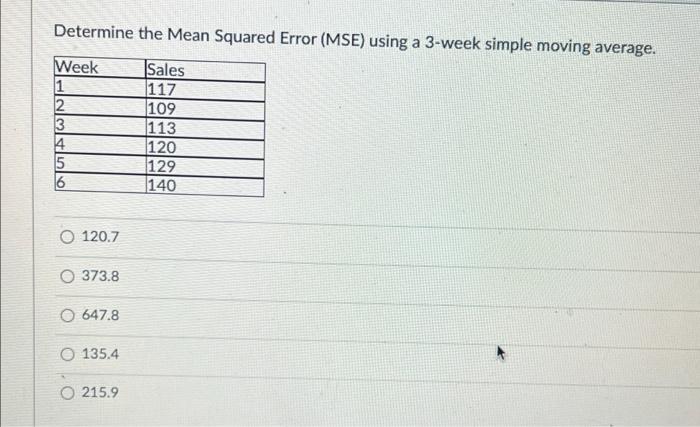 Solved Determine the Mean Squared Error (MSE) using a 3-week | Chegg.com