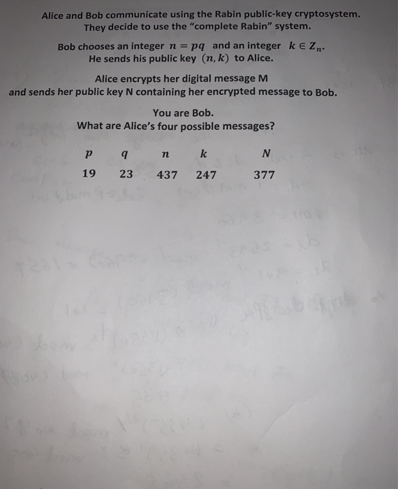 Solved Alice and Bob communicate using the Rabin public-key | Chegg.com