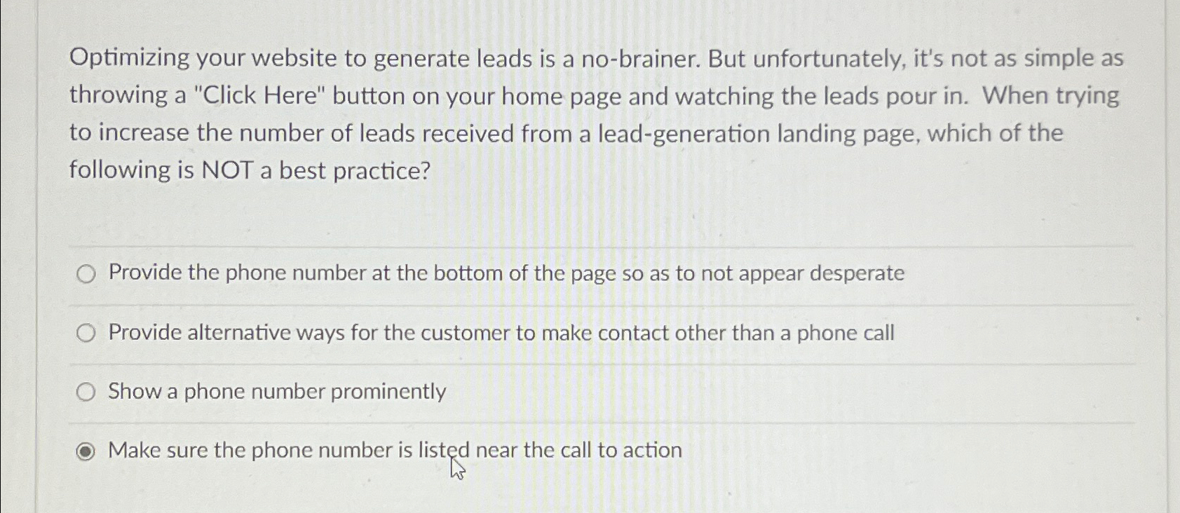 Solved Optimizing your website to generate leads is a | Chegg.com