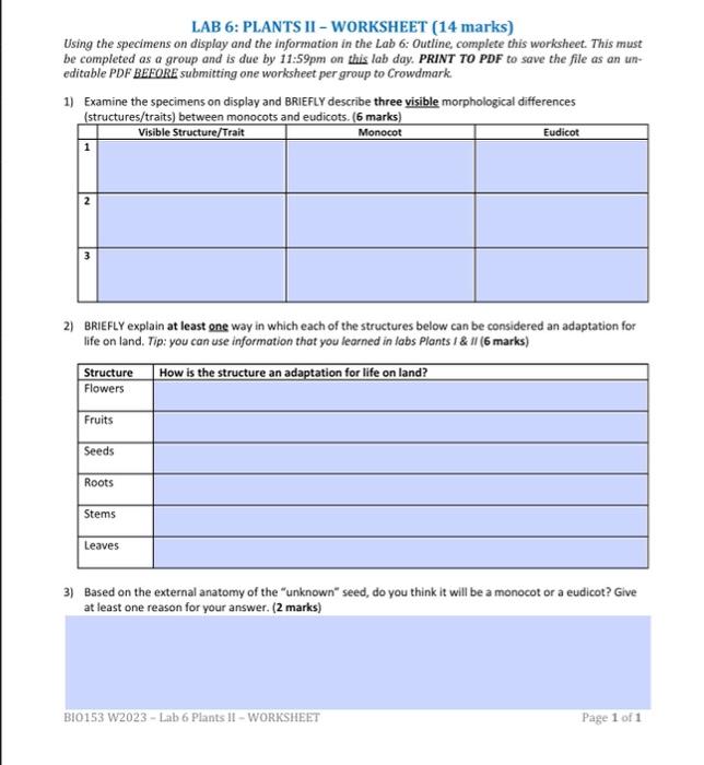 LAB 6: PLANTS II - WORKSHEET (14 marks) Using the | Chegg.com