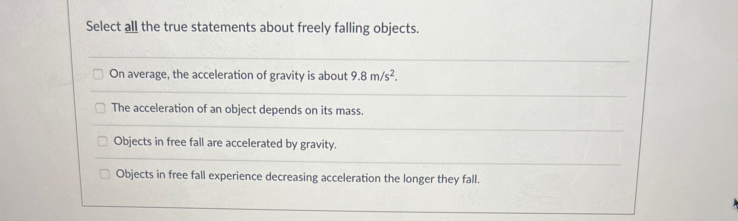 Solved Select all the true statements about freely falling | Chegg.com
