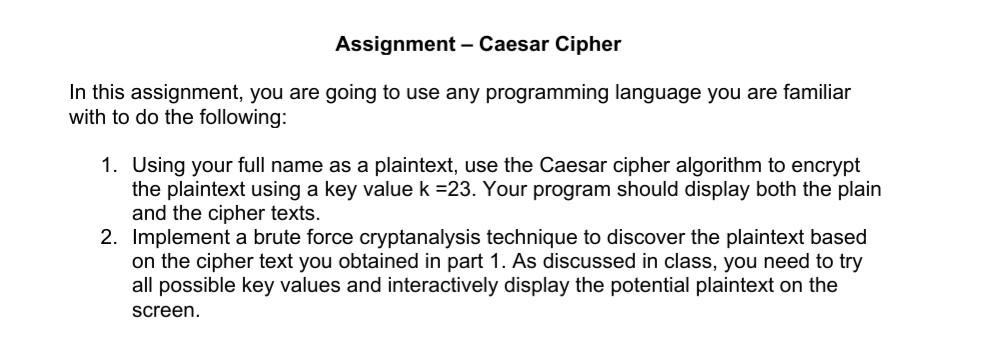 Solved Assignment Caesar Cipher In This Assignment You