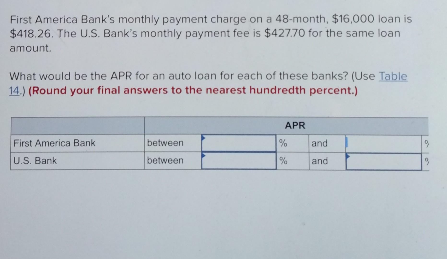 First America Bank's monthly payment charge on a | Chegg.com