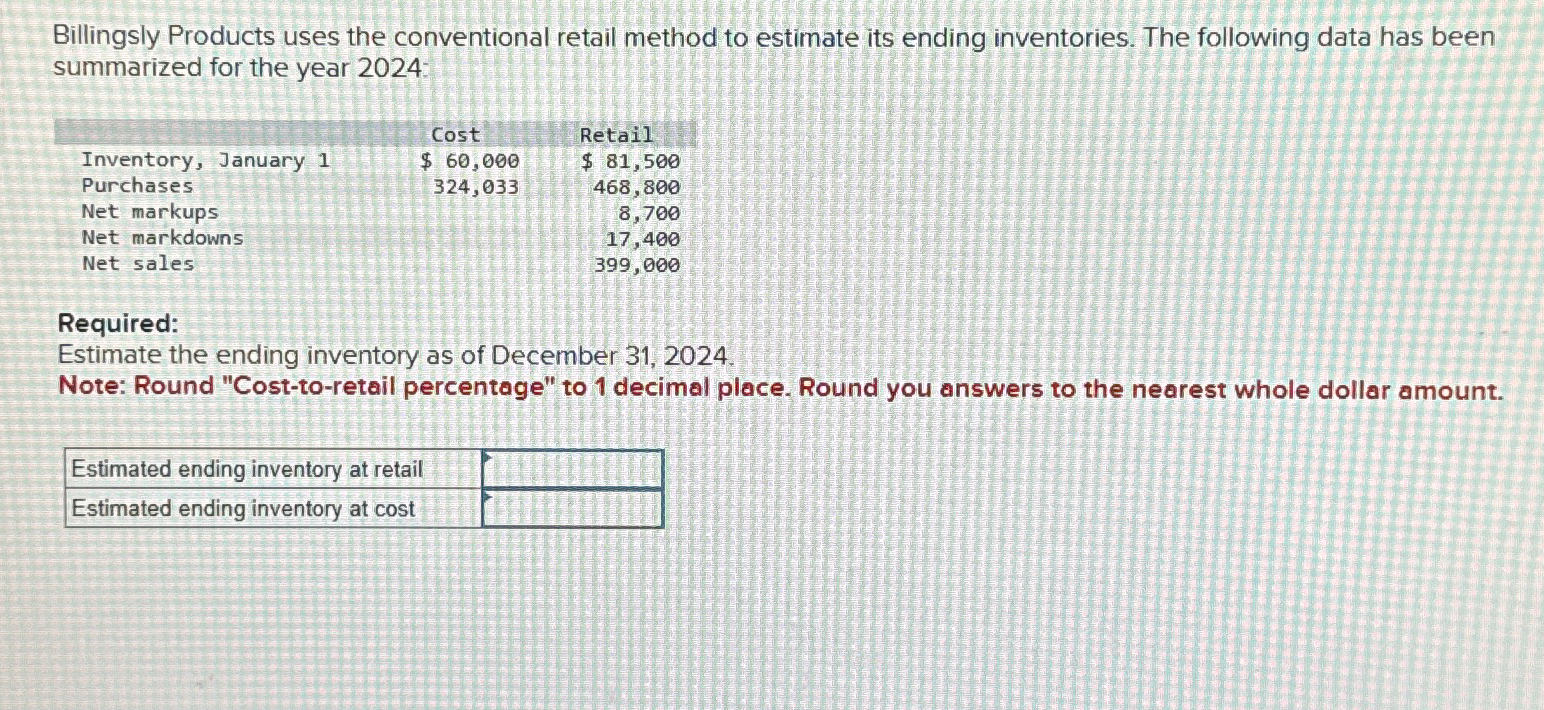 Solved Billingsly Products uses the conventional retail | Chegg.com