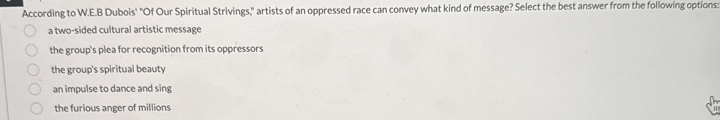 Solved According to W.E.B Dubois' "Of Our Spiritual | Chegg.com