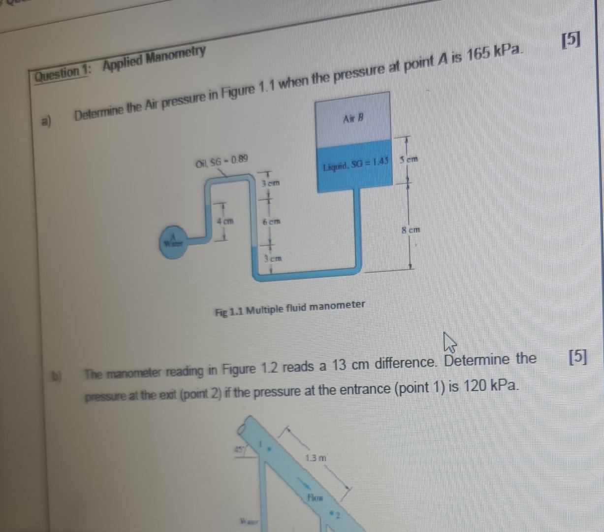 Solved [5] Question 1: Applied Manometry a) Determine the | Chegg.com