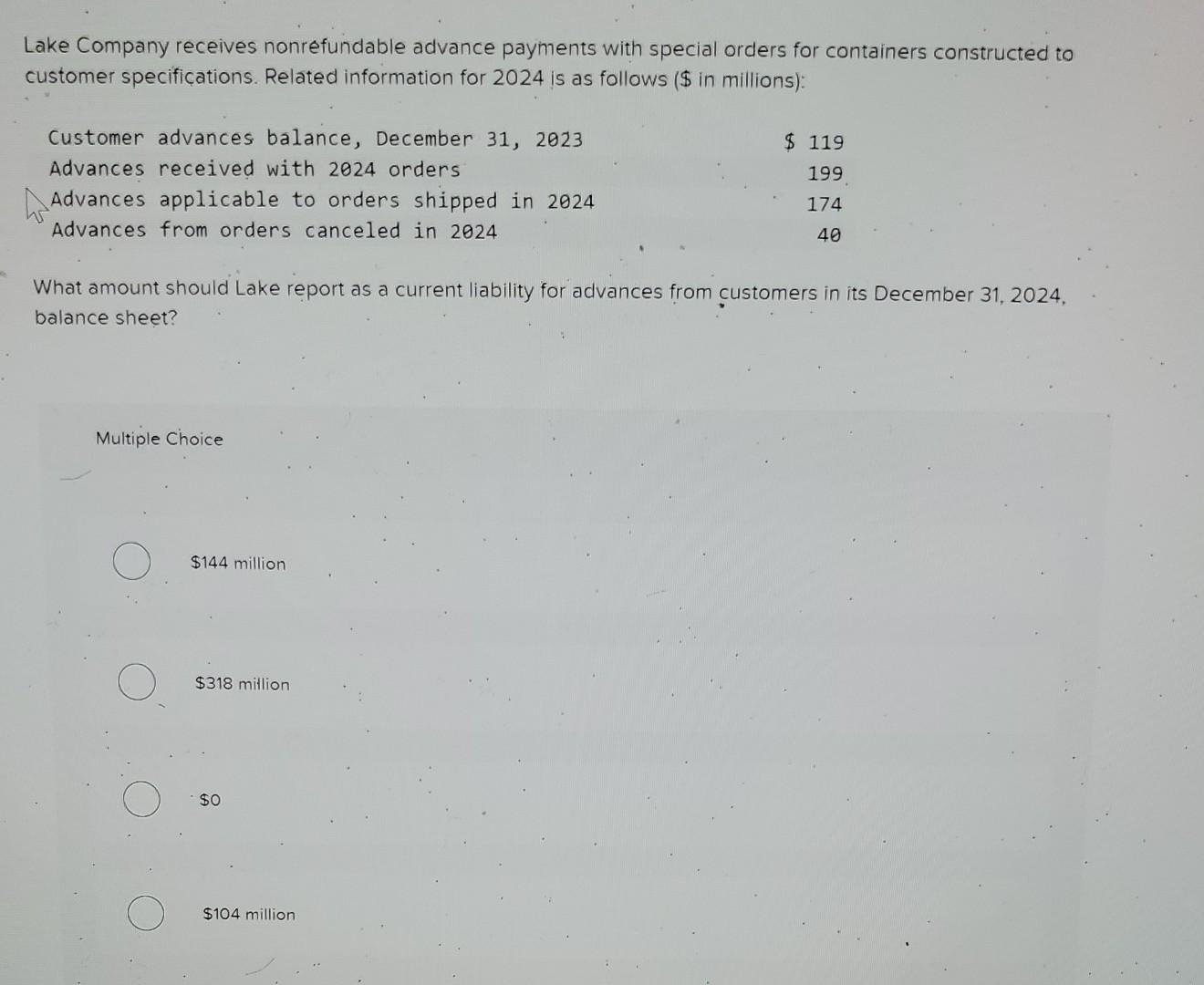 Solved Lake Company receives nonrefundable advance payments | Chegg.com
