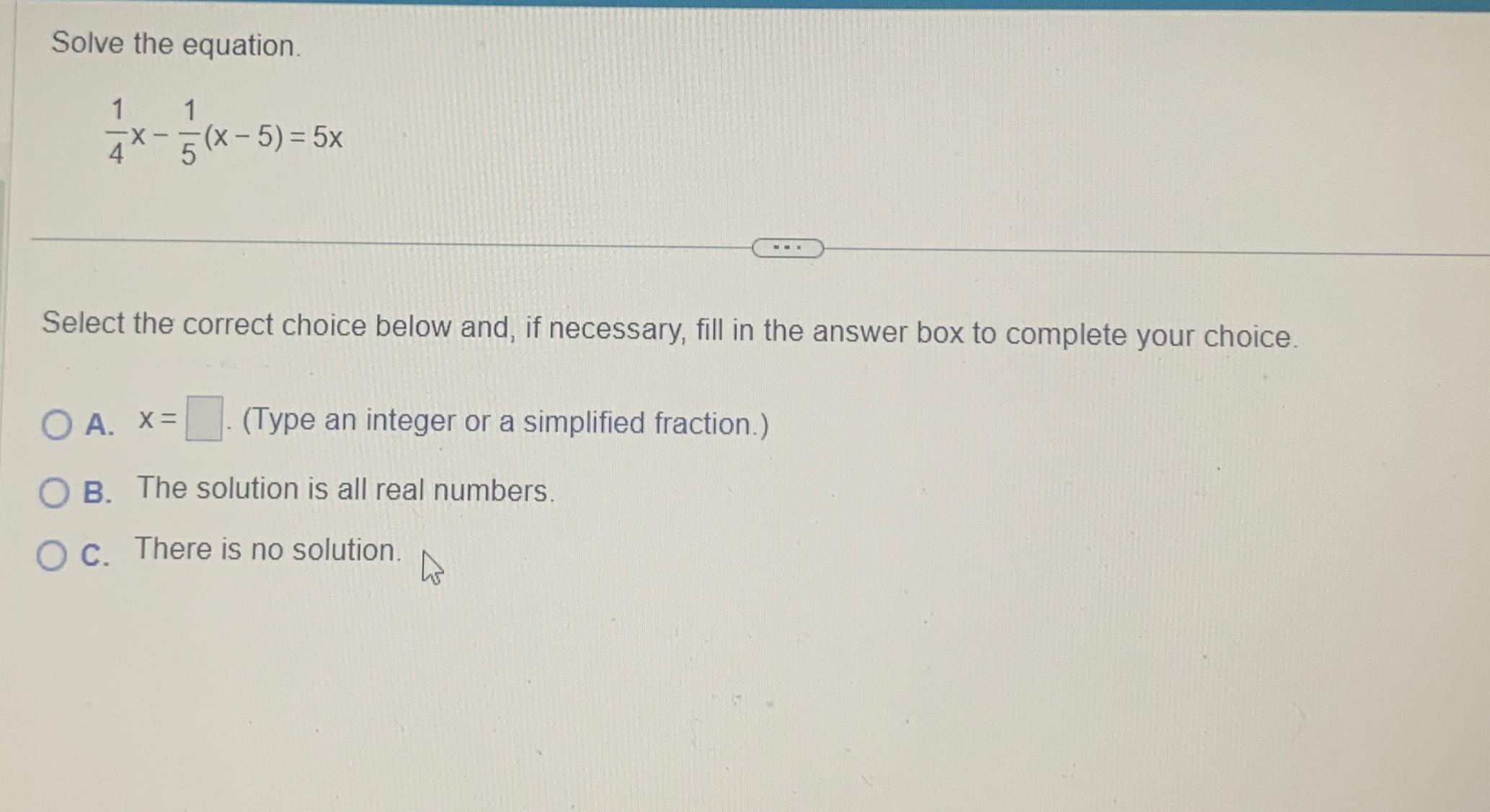 Solved Solve the equation.14x-15(x-5)=5xSelect the correct | Chegg.com