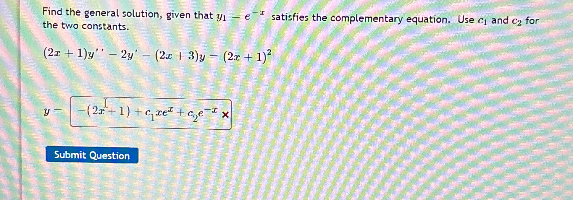 Solved Find the general solution, given that y1=e-x | Chegg.com