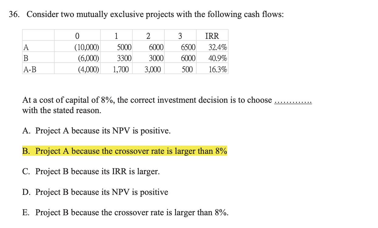 Solved Consider two mutually exclusive projects with the | Chegg.com