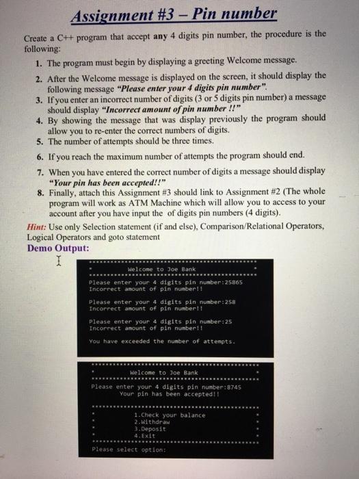Solved Assignment #3 - Pin number Create a C++ program that | Chegg.com