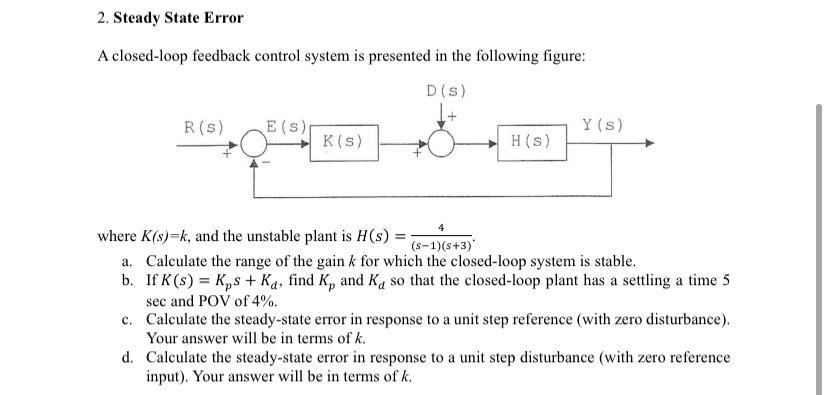 Solved Steady State ErrorA closed-loop feedback control | Chegg.com