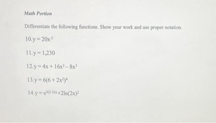 Solved Differentiate the following functions. Show your work | Chegg.com