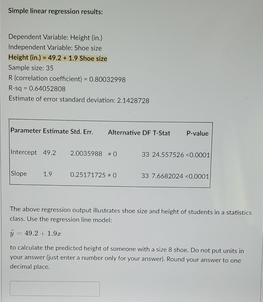 Solved Simple linear regression results: = Dependent | Chegg.com