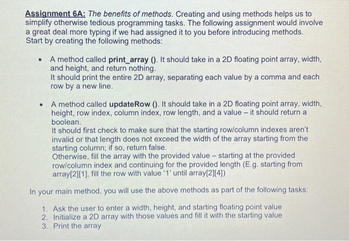 Solved Assignment 6A: The benefits of methods. Creating and | Chegg.com