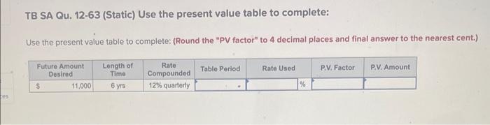 Solved TB SA Qu. 12-63 (Static) Use the present value table | Chegg.com