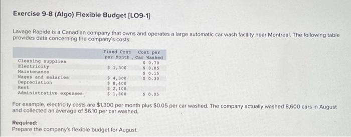Solved Exercise 9-8 (Algo) Flexible Budget [LO9-1] Lavage | Chegg.com