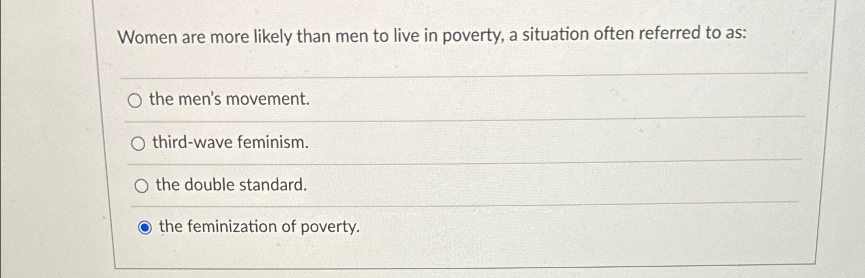 Solved Women are more likely than men to live in poverty, a | Chegg.com
