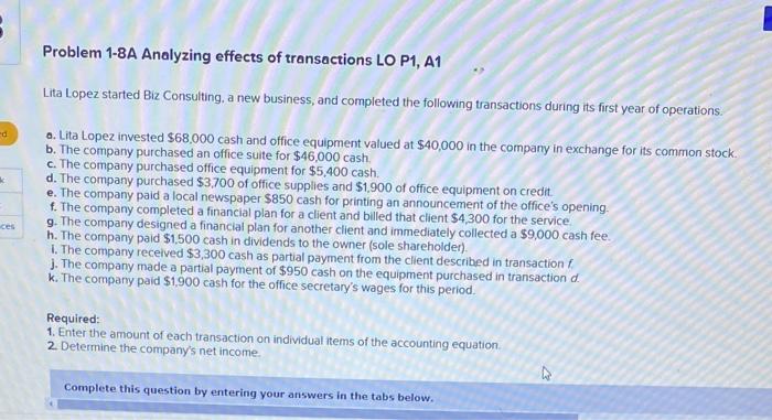 Solved Problem 1-8A Analyzing effects of transactions LO P1, | Chegg.com