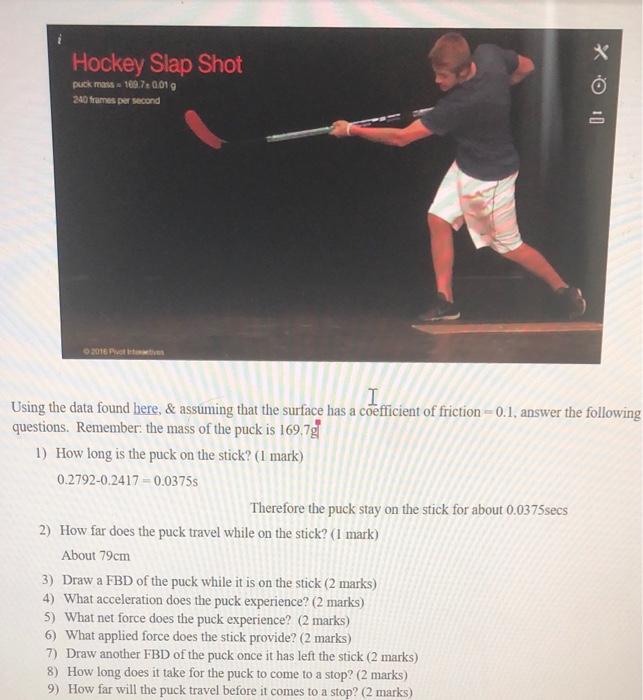 Solved Hockey Slap Shot puck mass100.78 0.019 240 frames per | Chegg.com