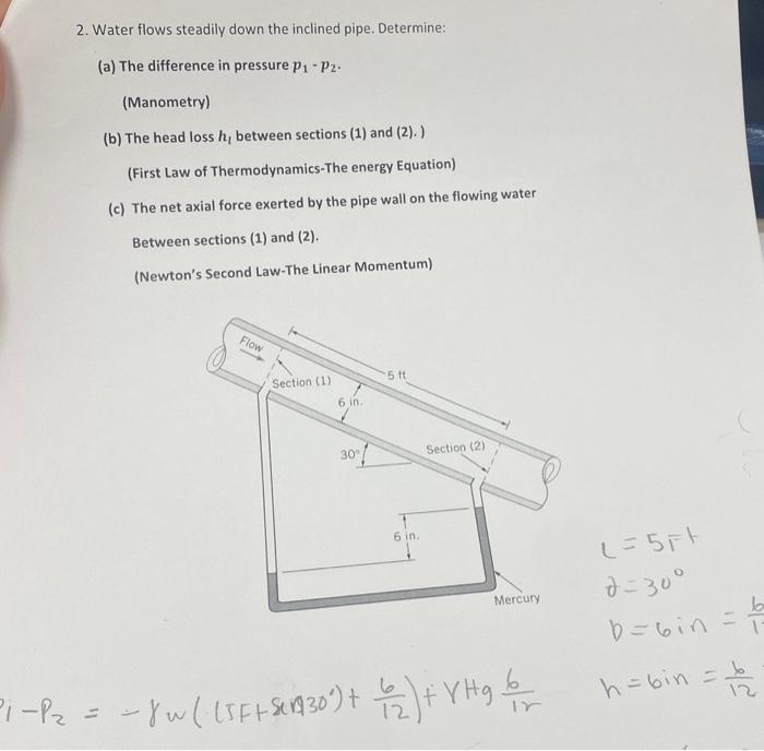 Solved 2. Water flows steadily down the inclined pipe. | Chegg.com