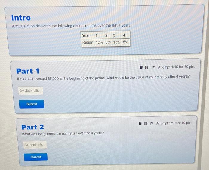 Solved A mutual fund delivered the following annual returns | Chegg.com