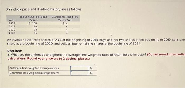 Solved XYZ stock price and dividend history are as follows: | Chegg.com