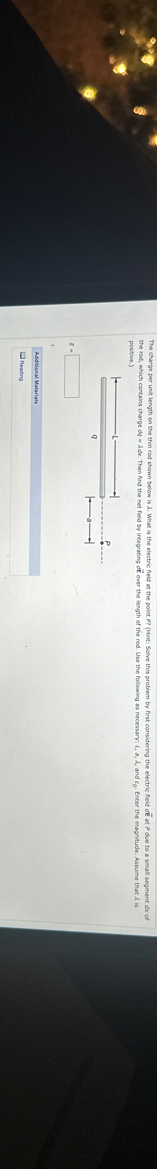 Solved The charge per unit length on the thin rod shown | Chegg.com