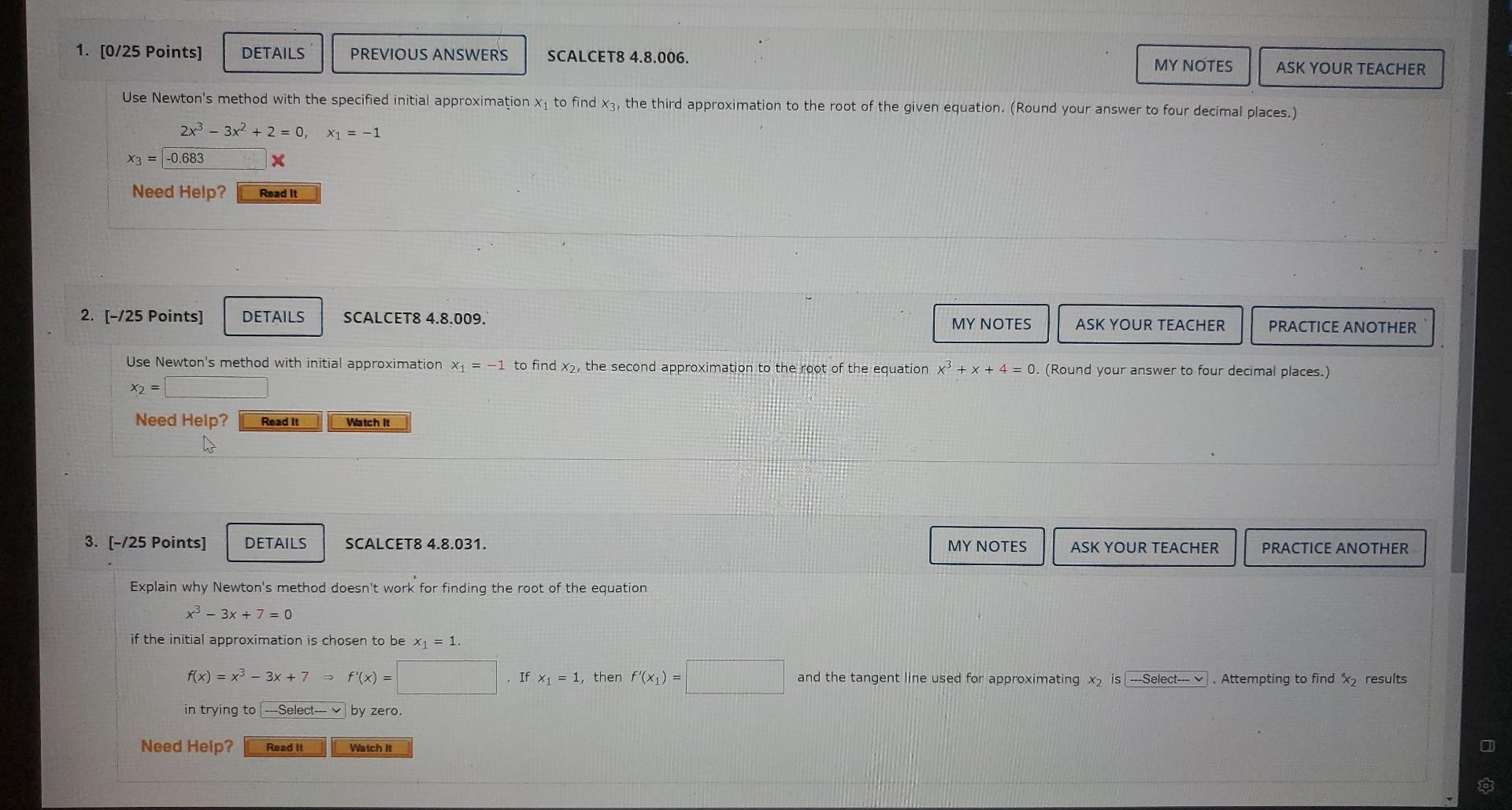 [0/25 Points] SCALCET8 4.8.006. Use Newton's method | Chegg.com