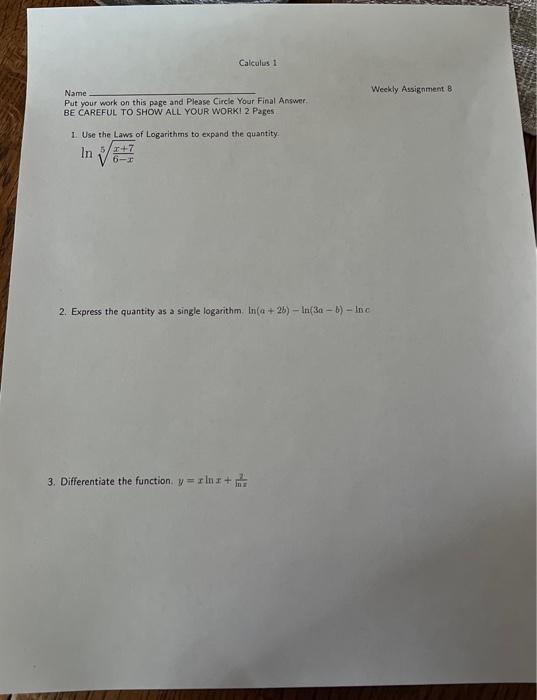 Solved 1. Use the Laws of Logarithms to expand the quantity: | Chegg.com