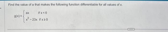 Solved Find the value of a that makes the following function | Chegg.com