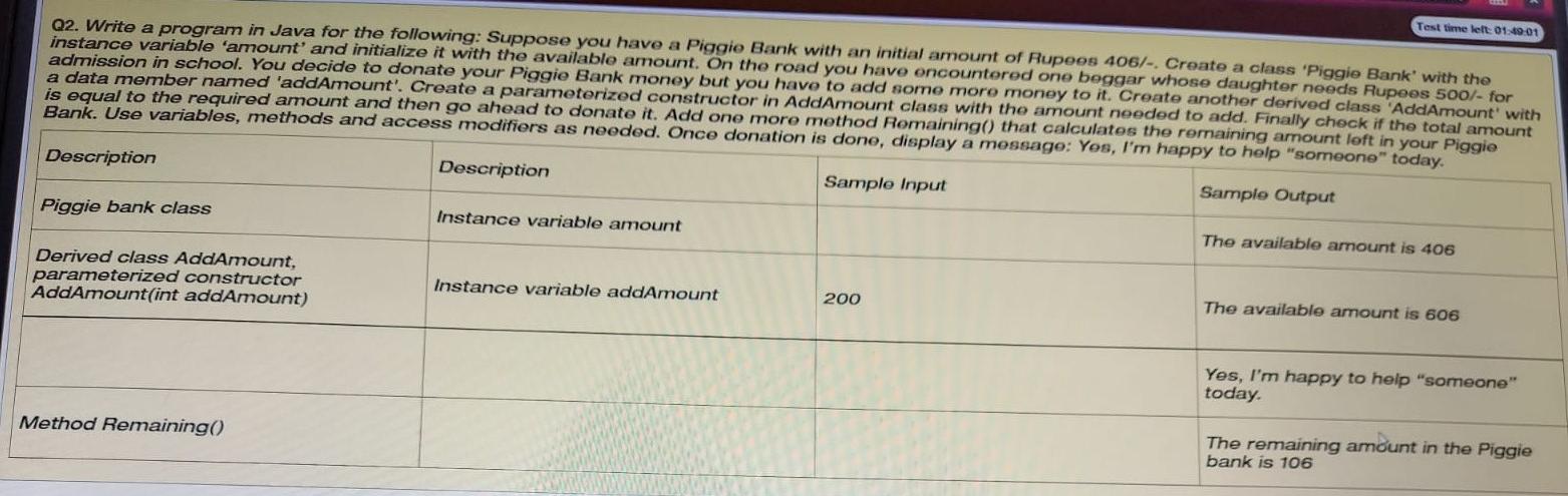 Solved Test time left: 01:40 01 Q2. Write a program in Java | Chegg.com