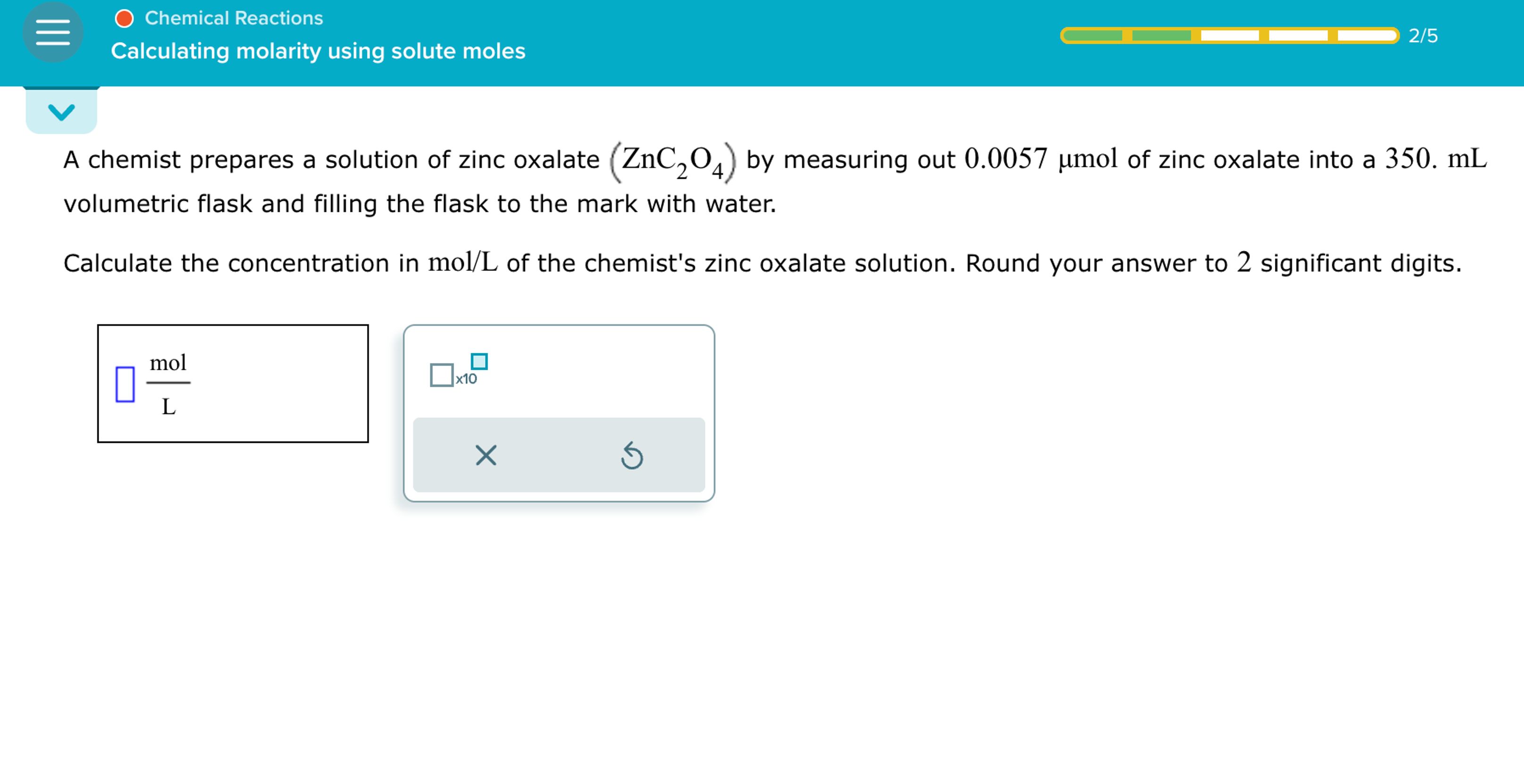 Solved A chemist prepares a solution of zinc oxalate | Chegg.com