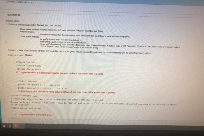 QUESTION 13 Defining Class 1. Finish the following | Chegg.com