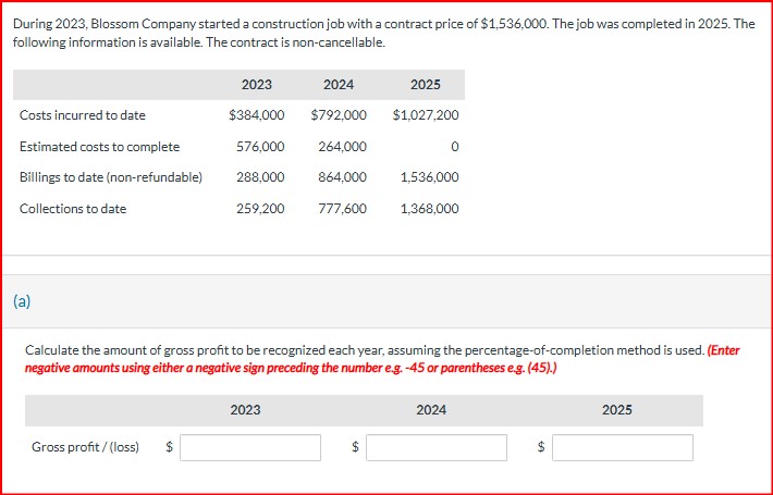 During 2023, ﻿Blossom Company started a construction | Chegg.com
