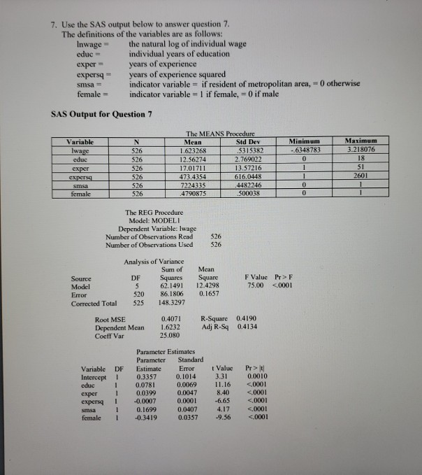 7. Use the SAS output below to answer question 7. The | Chegg.com