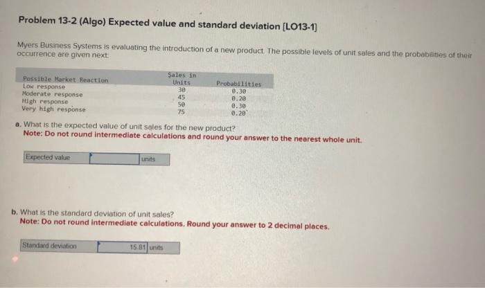 Solved Problem 13-2 (Algo) Expected value and standard | Chegg.com