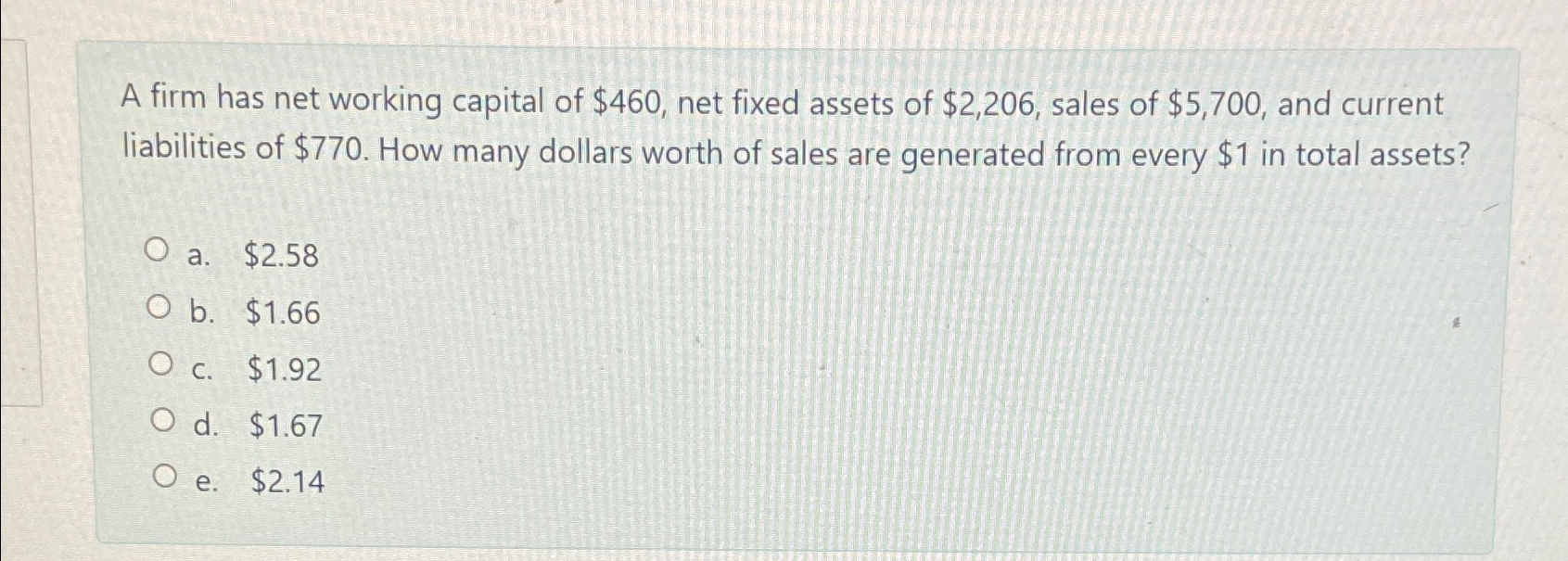 Solved A firm has net working capital of $460, ﻿net fixed | Chegg.com