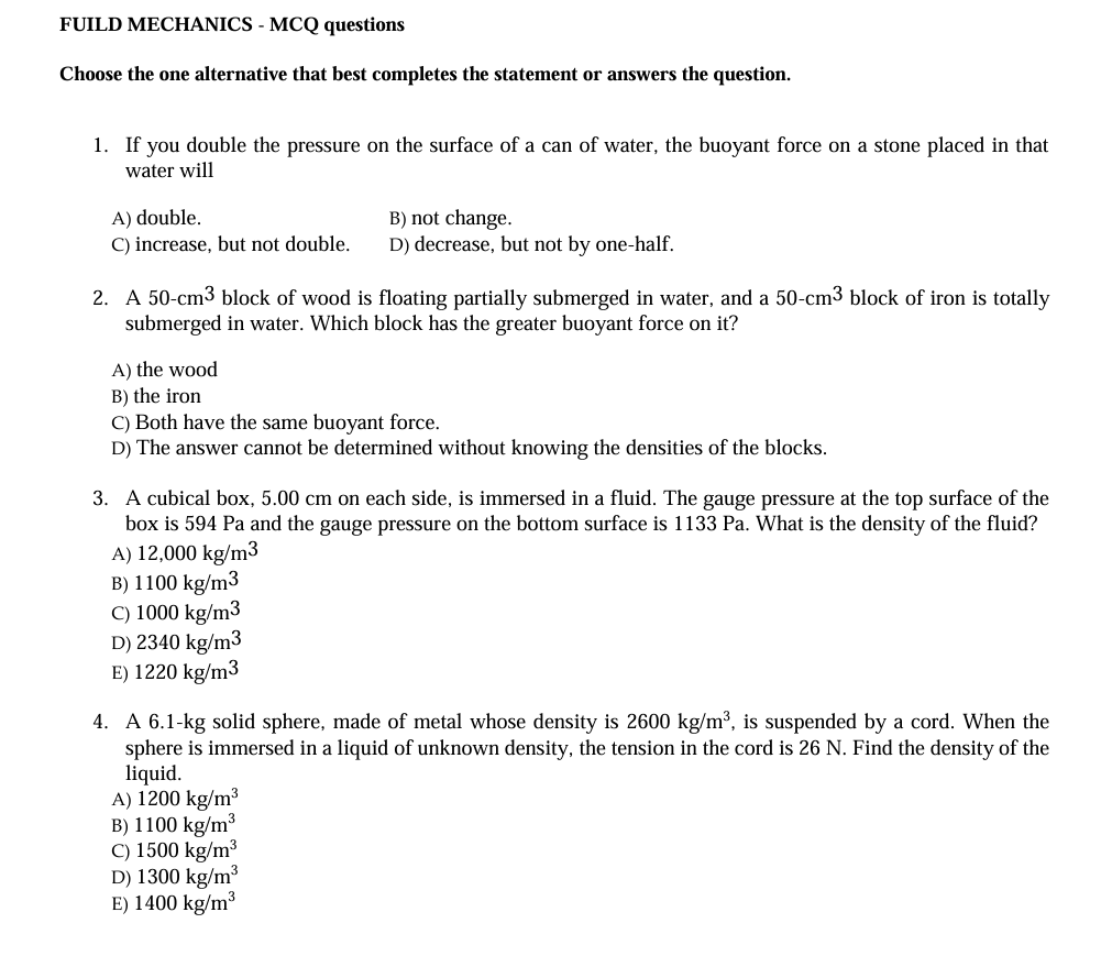 Solved FUILD MECHANICS - ﻿MCQ questionsChoose the one | Chegg.com