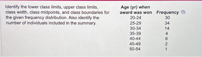 Solved identify the lower class limits upper class limits | Chegg.com