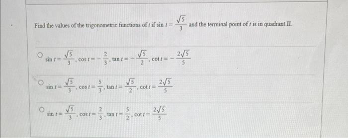 Solved Find the values of the trigonometric functions of t | Chegg.com