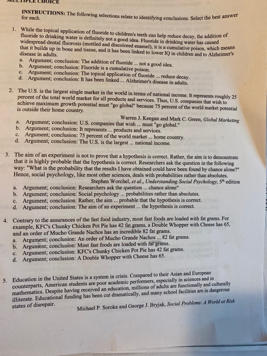 Solved MULTIPLE CHOICE INSTRUCTIONS: The following | Chegg.com