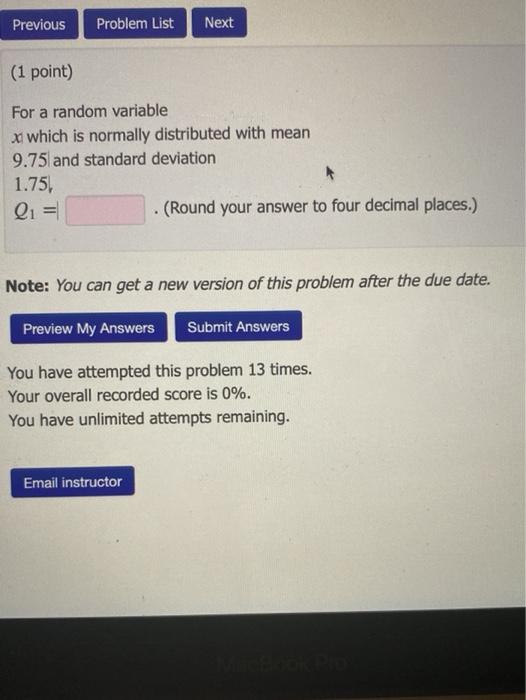 Solved Previous Problem List Next (1 point) For a random | Chegg.com